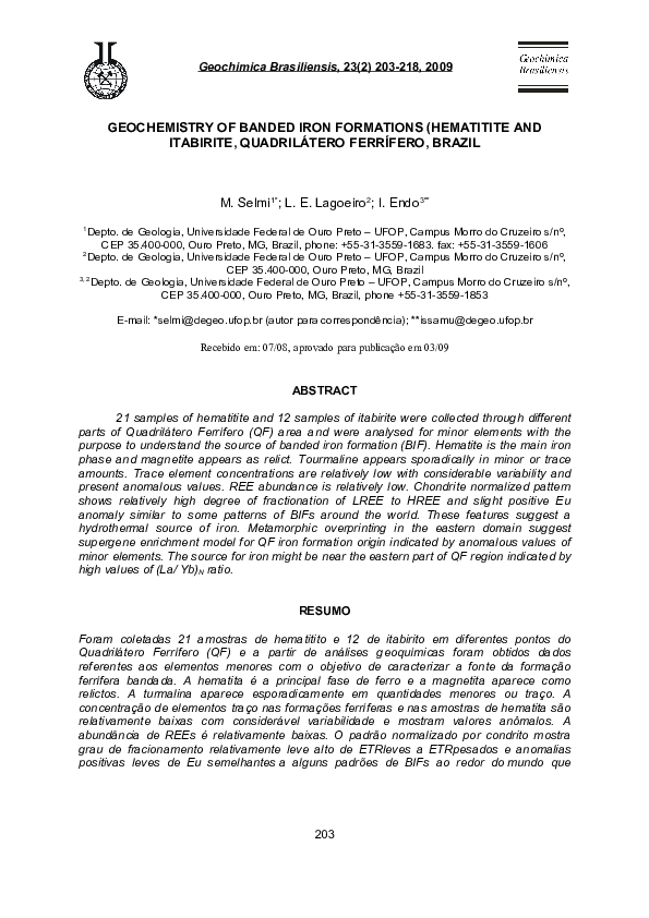 (PDF) Geochemistry of Banded Iron Formations (Hematitite and