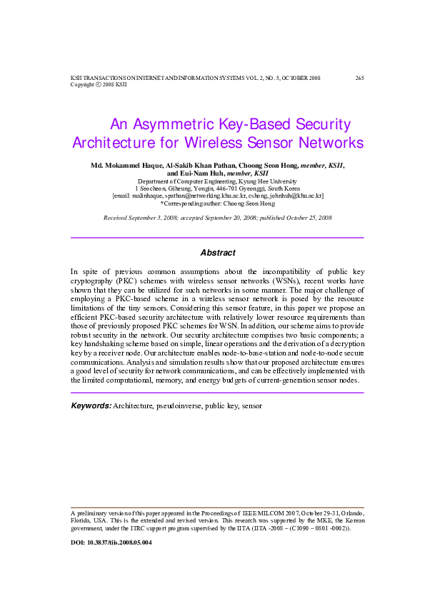 (PDF) An Asymmetric Key-Based Security Architecture for Wireless Sensor Networks