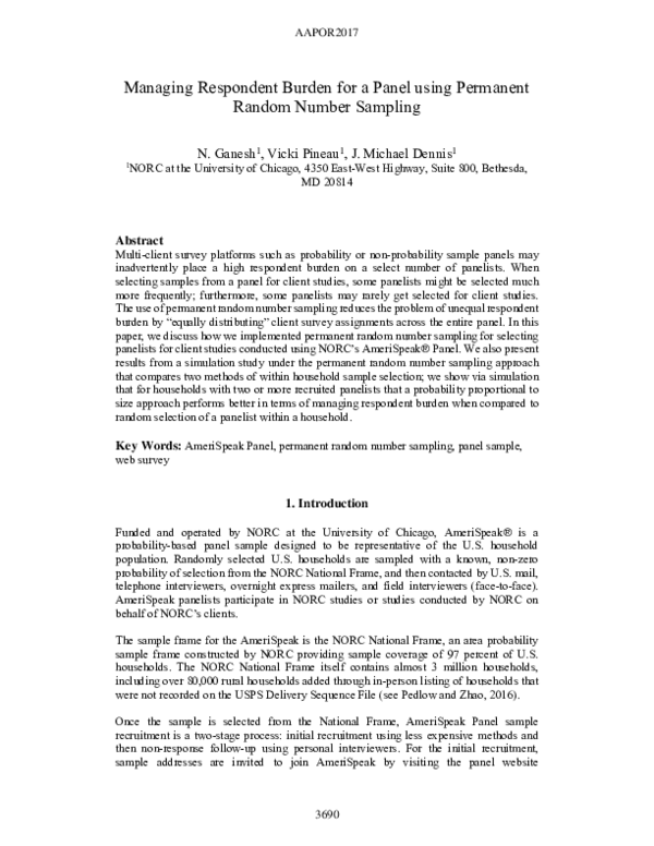 (PDF) Managing Respondent Burden for a Panel using Permanent Random Number Sampling