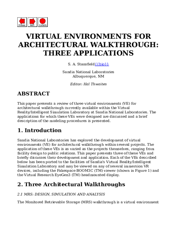 (PDF) Virtual Environments for Architectural Walkthrough: Three ...
