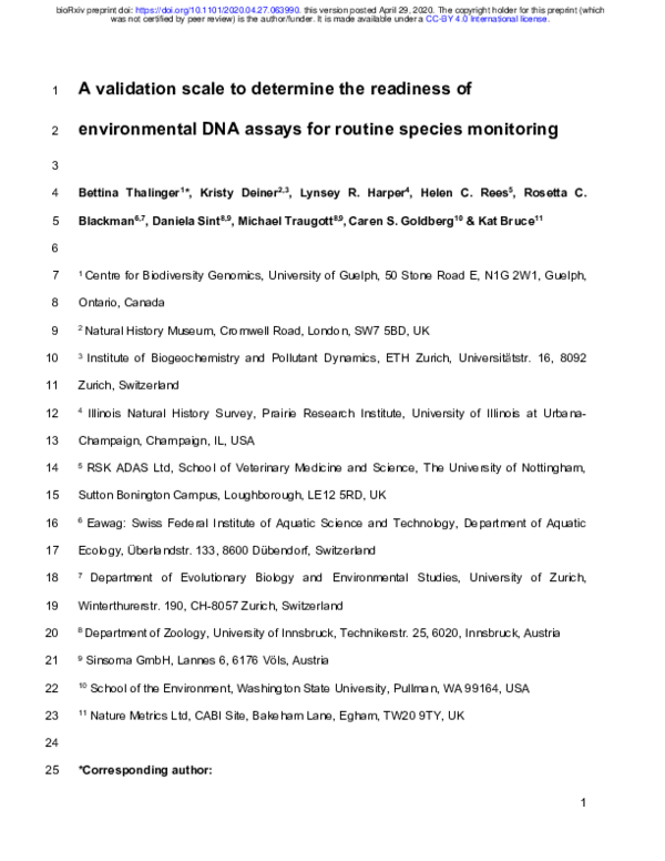 (PDF) A validation scale to determine the readiness of environmental DNA assays for routine ...
