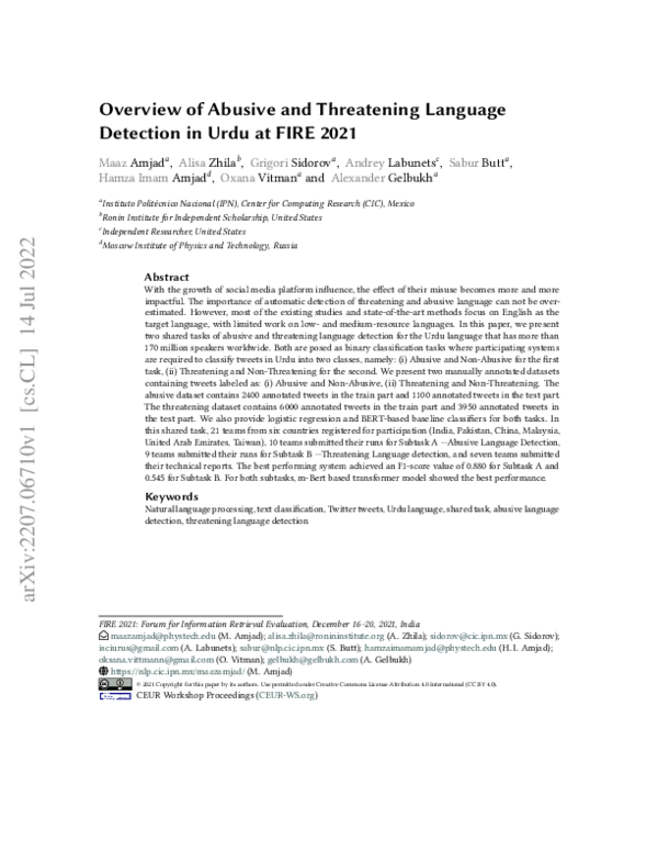 Pdf Overview Of Abusive And Threatening Language Detection In Urdu At Fire 2021 Hamza Amjad