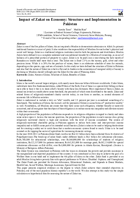 (PDF) Impact of Zakat on Economy: Structure and Implementation in Pakistan
