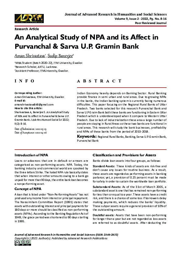 (PDF) An Analytical Study of NPA and its Affect in Purvanchal & Sarva U.P. Gramin Bank