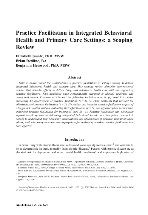 (PDF) Practice Facilitation in Integrated Behavioral Health and Primary Care Settings: a Scoping ...