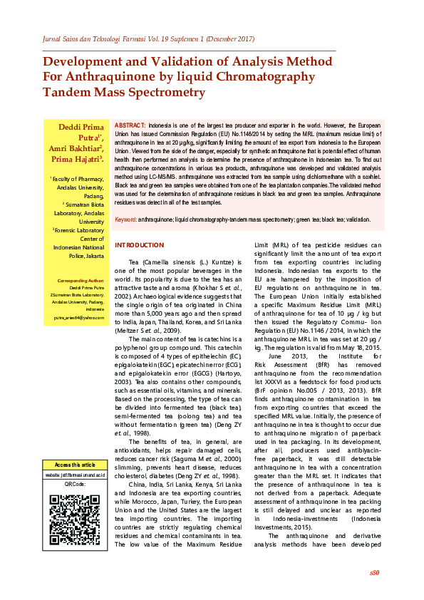 (PDF) QR Code: Development and Validation of Analysis Method For Anthraquinone by liquid ...