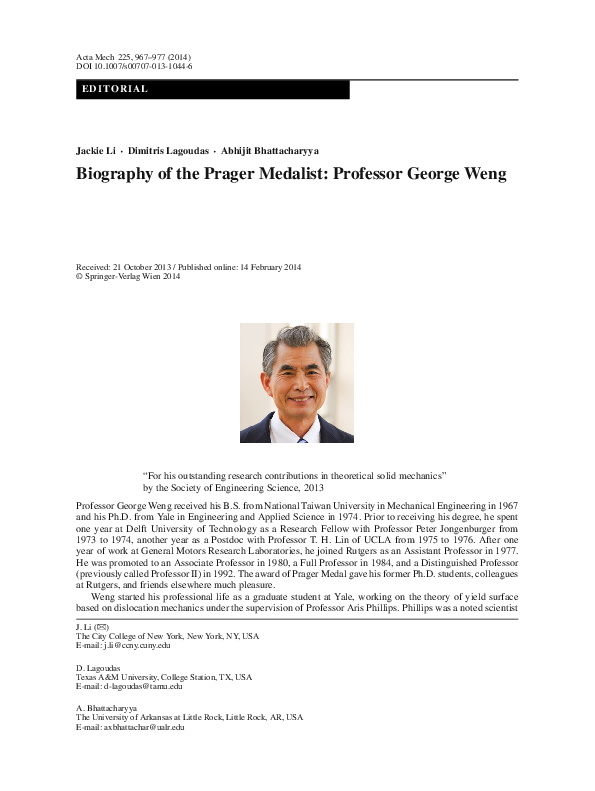 (PDF) Biography of the Prager Medalist: Professor George Weng