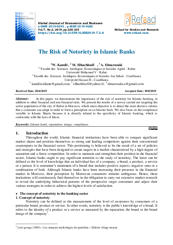 (PDF) The Risk of Notoriety in Islamic Banks