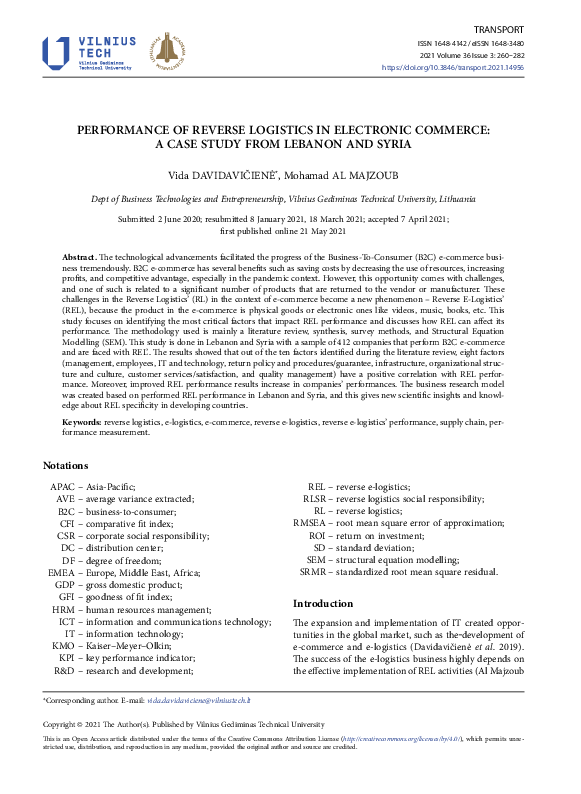 (PDF) Performance of Reverse Logistics in Electronic Commerce: A Case ...