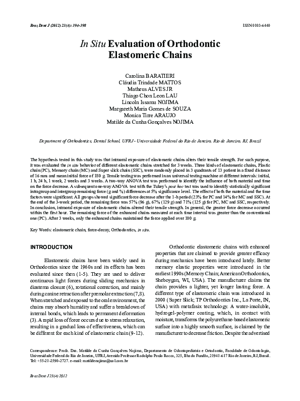 (PDF) In situ evaluation of orthodontic elastomeric chains