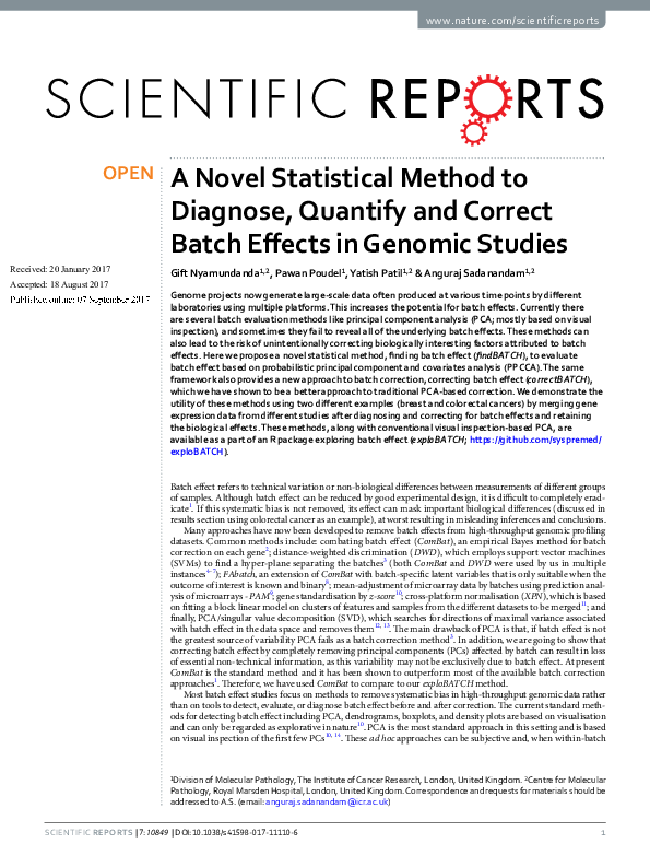 (PDF) A Novel Statistical Method to Diagnose, Quantify and Correct Batch Effects in Genomic ...