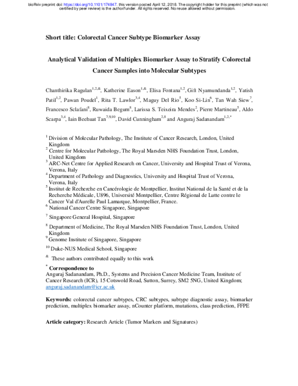 (PDF) A Low-Cost Multiplex Biomarker Assay Stratifies Colorectal Cancer ...