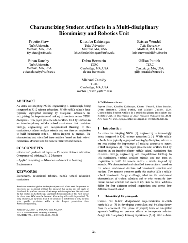 (PDF) Characterizing Student Artifacts in a Multi-disciplinary Biomimicry and Robotics Unit