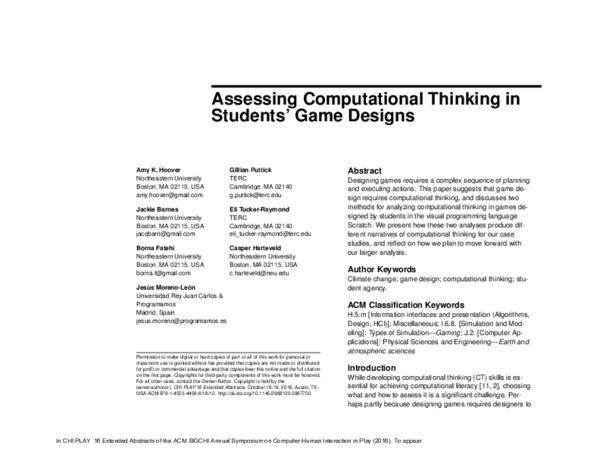 (PDF) Assessing Computational Thinking in Students' Game Designs