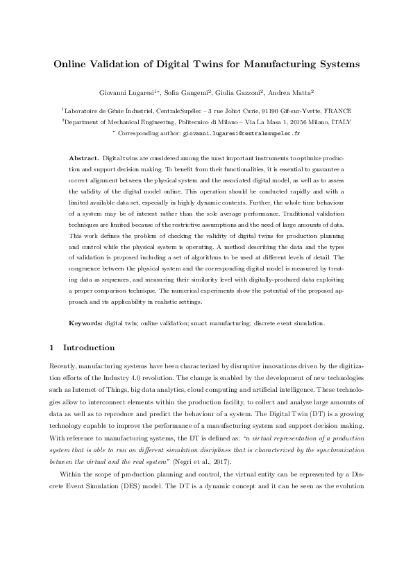 Pdf Online Validation Of Digital Twins For Manufacturing Systems