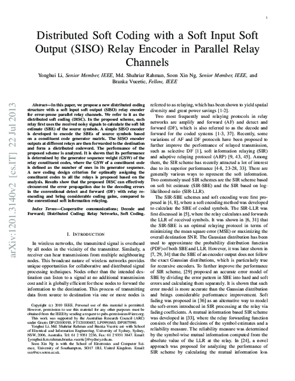 Pdf Distributed Soft Coding With A Soft Input Soft Output Siso Relay Encoder In Parallel 8324