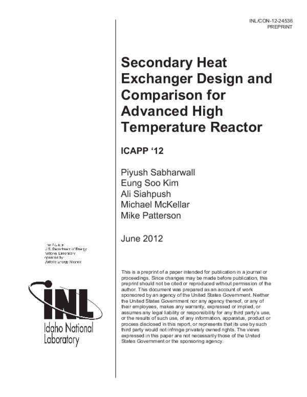 (PDF) Secondary Heat Exchanger Design and Comparison for Advanced High Temperature Reactor