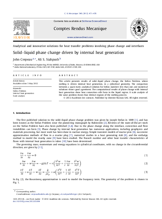 (PDF) Solid–liquid phase change driven by internal heat generation