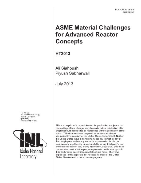 (PDF) ASME Material Challenges for Advance Reactor Concepts