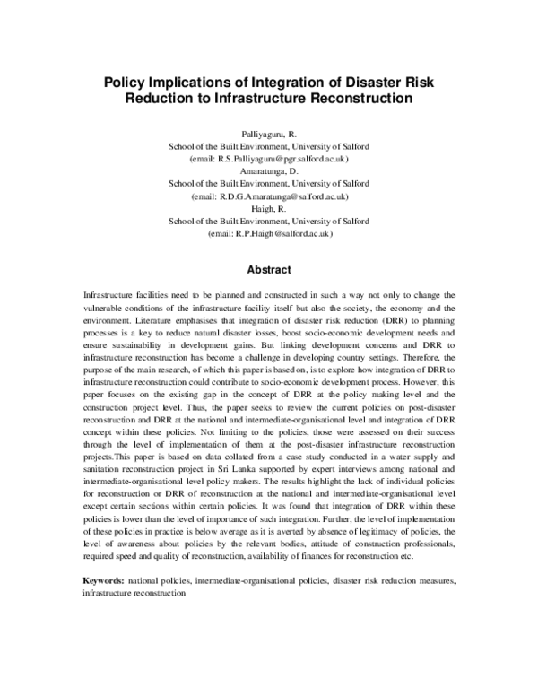(PDF) Policy implications of integration of disaster risk reduction to ...