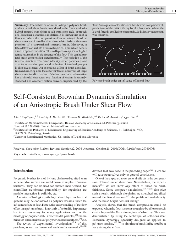 (PDF) Self-Consistent Brownian Dynamics Simulation of an Anisotropic Brush Under Shear Flow ...