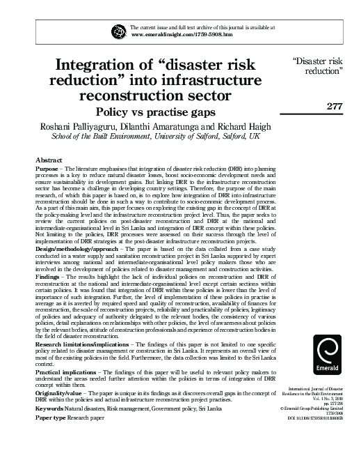 (PDF) Integration of “disaster risk reduction” into infrastructure ...