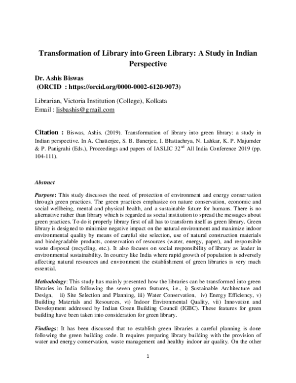 (PDF) Transformation of Library into Green Library: A Study in Indian ...