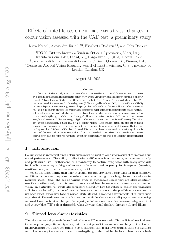 (PDF) Effects of tinted lenses on chromatic sensitivity: changes in ...