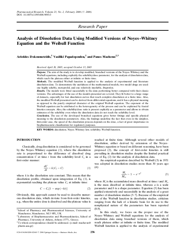 (PDF) Analysis of Dissolution Data Using Modified Versions of Noyes ...