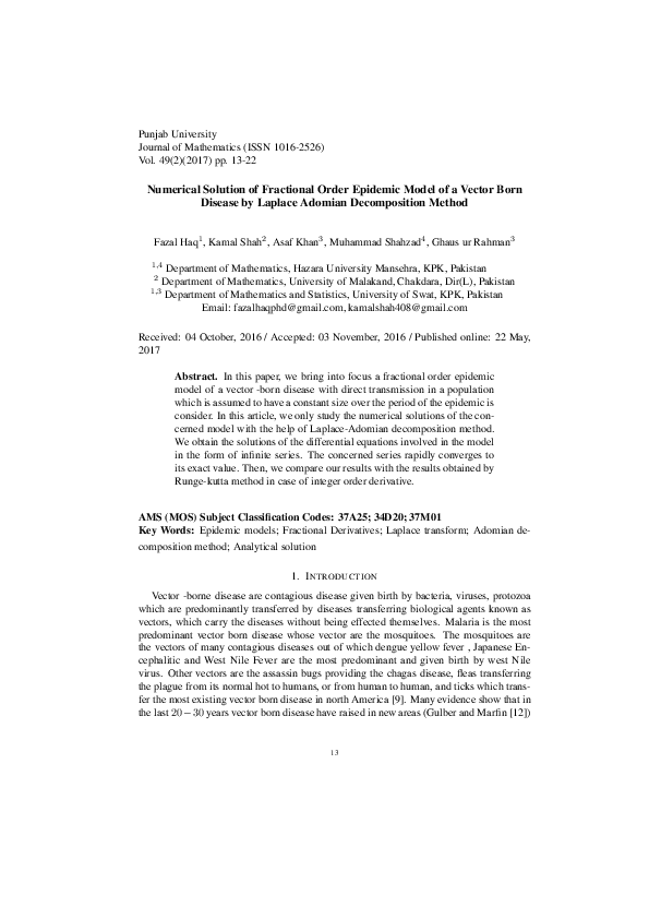 (PDF) Numerical Solution of Fractional Order Epidemic Model of a Vector Born Disease by Laplace ...