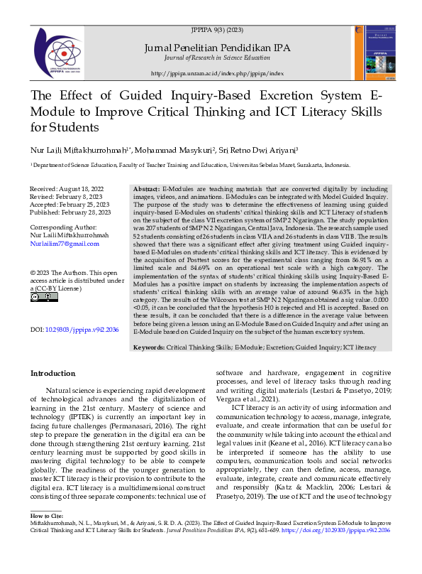 (PDF) Effect of Guided Inquiry-Based Excretion System E-Module to Improve Critical Thinking and ...