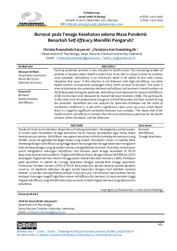 (PDF) Burnout pada Tenaga Kesehatan selama Masa Pandemi: Benarkah Self-Efficacy Memiliki ...