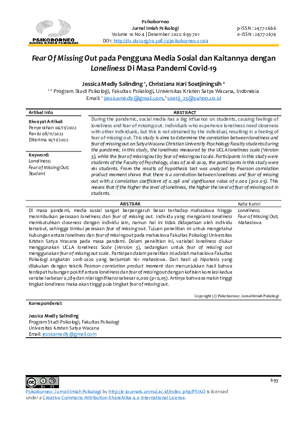 (PDF) Fear Of Missing Out pada Pengguna Media Sosial dan Kaitannya dengan Loneliness Di Masa ...