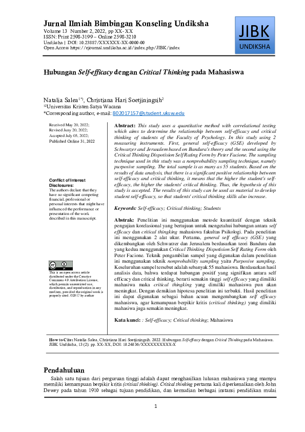 (PDF) Hubungan Self Efficacy Dengan Critical Thinking Pada Mahasiswa Fakultas Psikologi Uksw