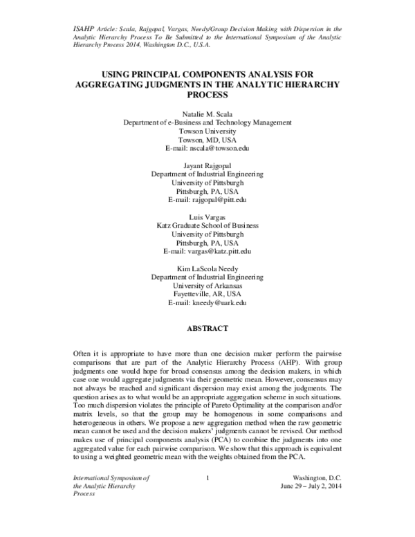 Pdf Using Principal Components Analysis For Aggregating Judgments In