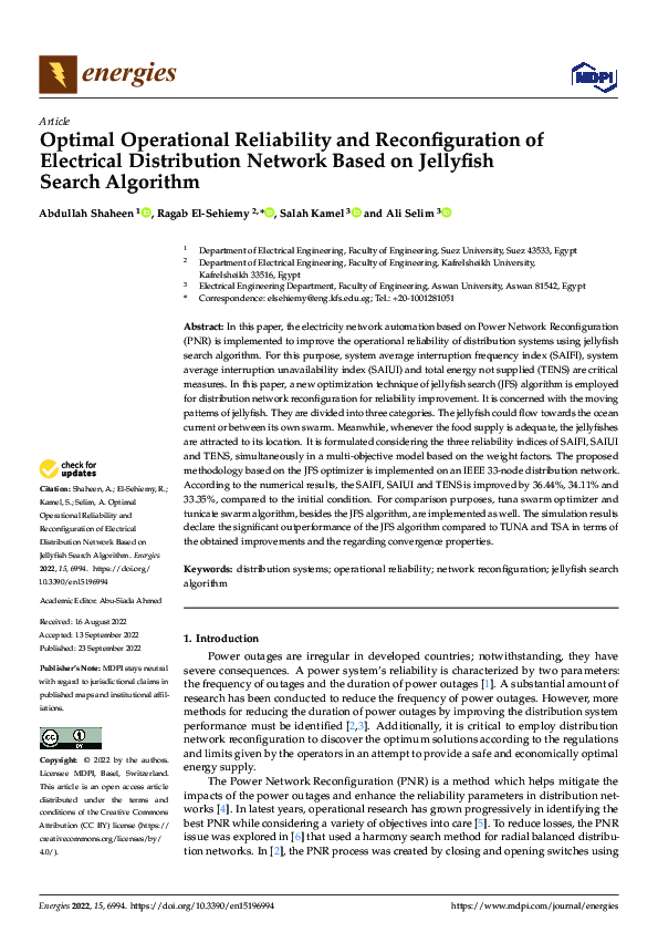 Pdf Optimal Operational Reliability And Reconfiguration Of Electrical Distribution Network