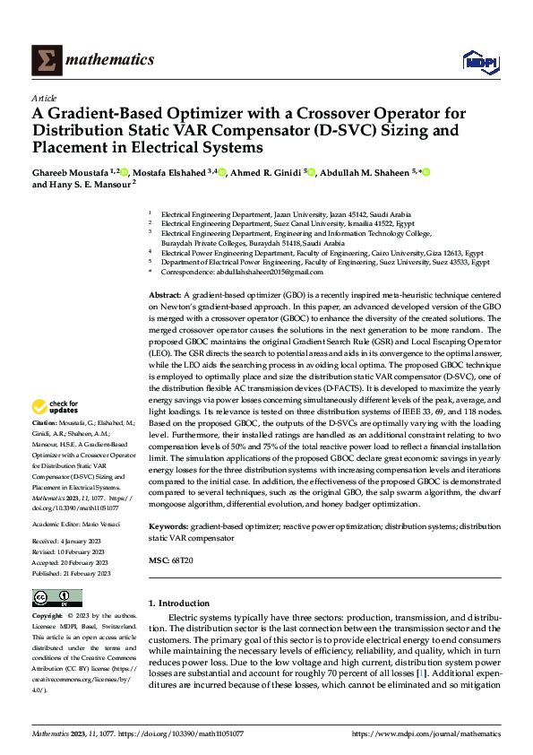 Pdf A Gradient Based Optimizer With A Crossover Operator For Distribution Static Var