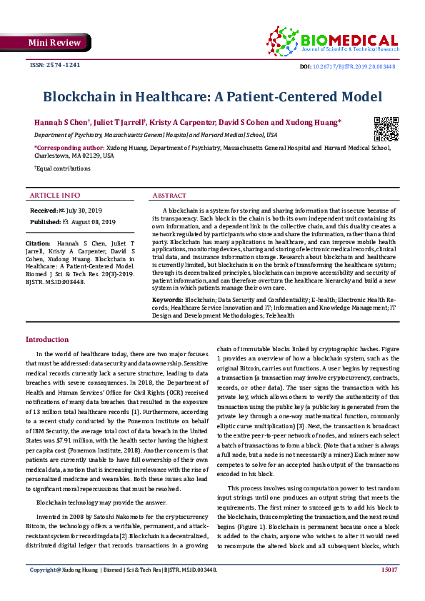 (PDF) Blockchain in Healthcare: A Patient-Centered Model