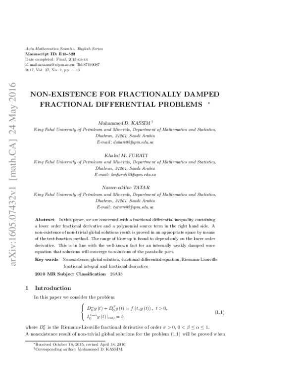 (PDF) Non-existence for fractionally damped fractional differential ...