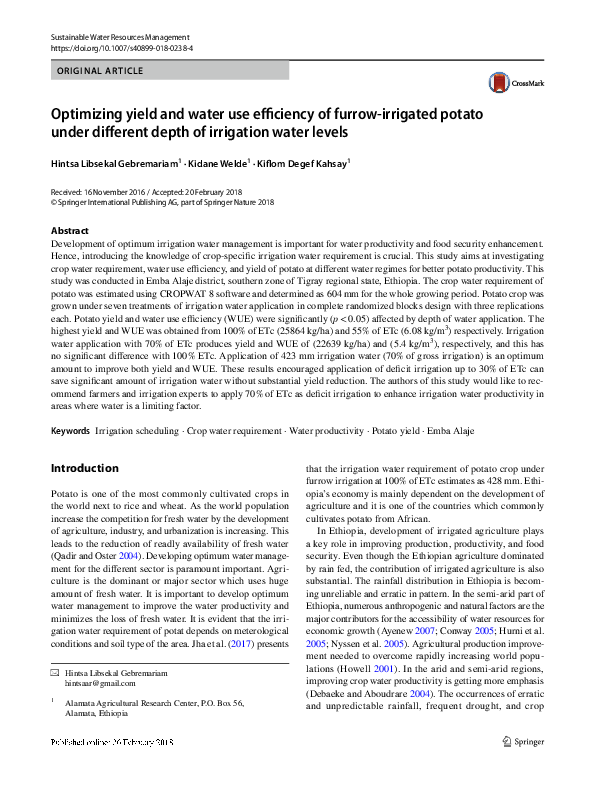(PDF) Optimizing yield and water use efficiency of furrow-irrigated potato under different depth ...
