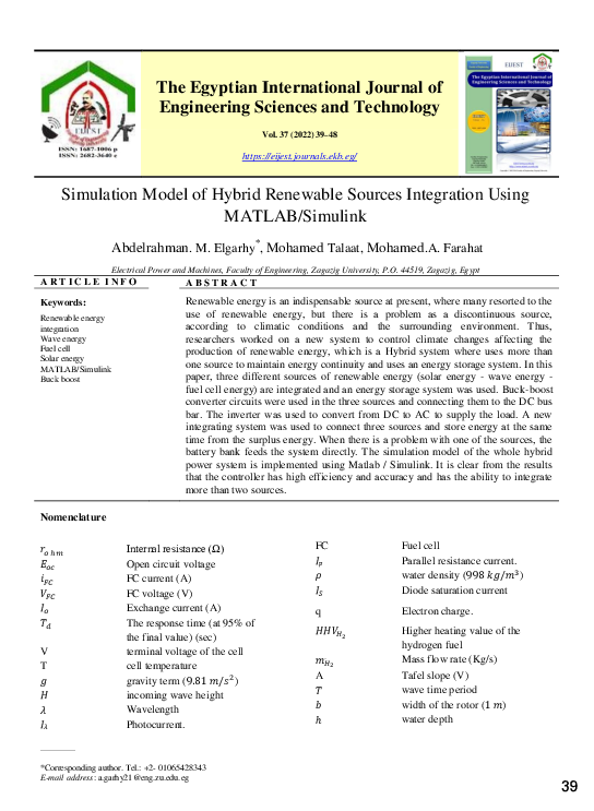 (PDF) Simulation Model of Hybrid Renewable Sources Integration Using MATLAB/Simulink