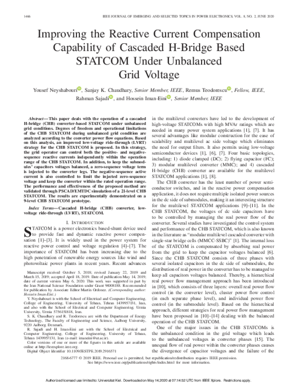 Pdf Improving The Reactive Current Compensation Capability Of Cascaded H Bridge Based Statcom 0660