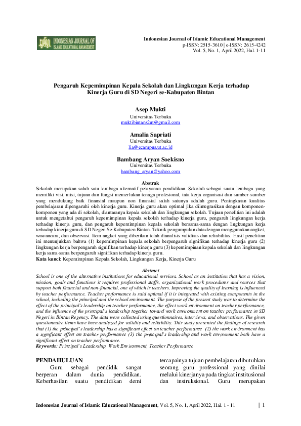 (PDF) Pengaruh Kepemimpinan Kepala Sekolah dan Lingkungan Kerja terhadap Kinerja Guru di SD ...