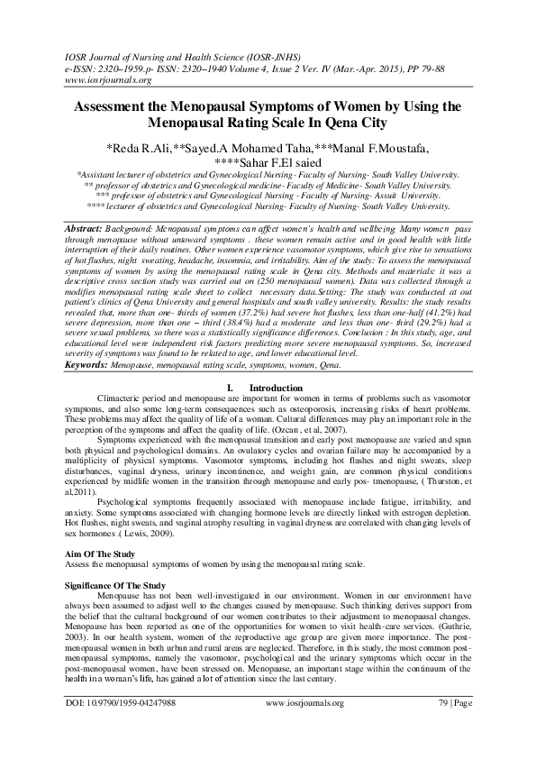 (PDF) Assessment the Menopausal Symptoms of Women by Using the ...