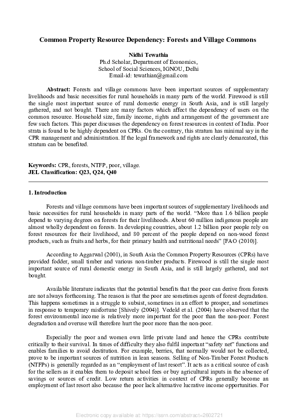 (PDF) Common Property Resource Dependency: Forests and Village Commons