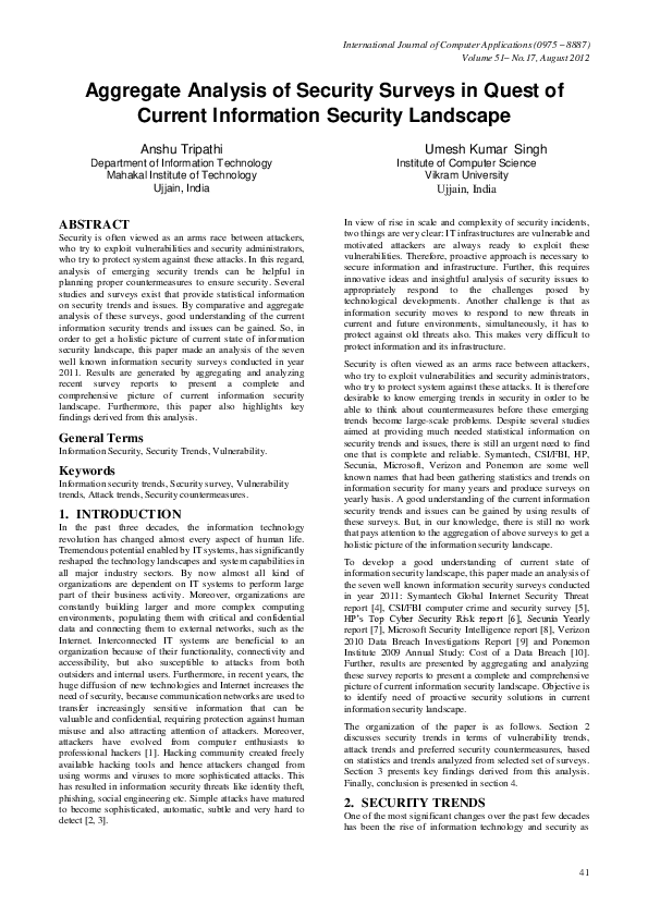 (PDF) Aggregate Analysis of Security Surveys in Quest of Current ...
