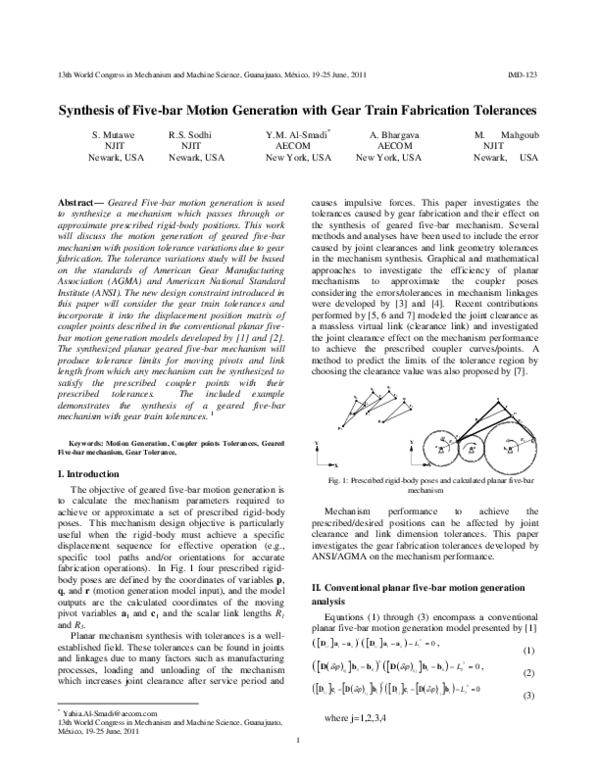 (PDF) Synthesis of Five-bar Motion Generation with Gear Train Fabrication Tolerances