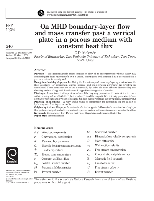 (PDF) On MHD boundary‐layer flow and mass transfer past a vertical plate in a porous medium with ...