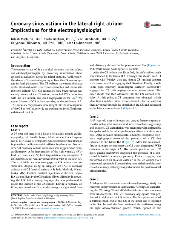 (PDF) Coronary Sinus Ostium in the Lateral Right Atrium - Implications ...