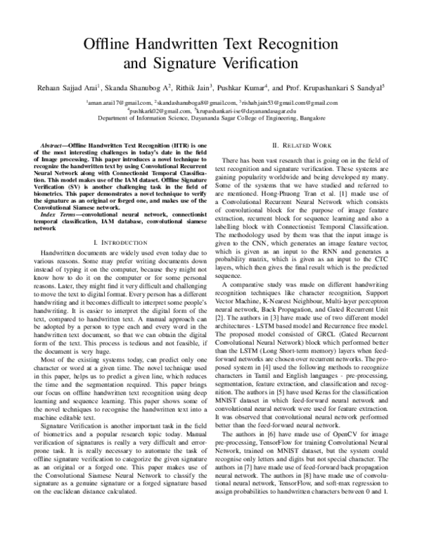 (PDF) Offline Handwritten Text Recognition and Signature Verification